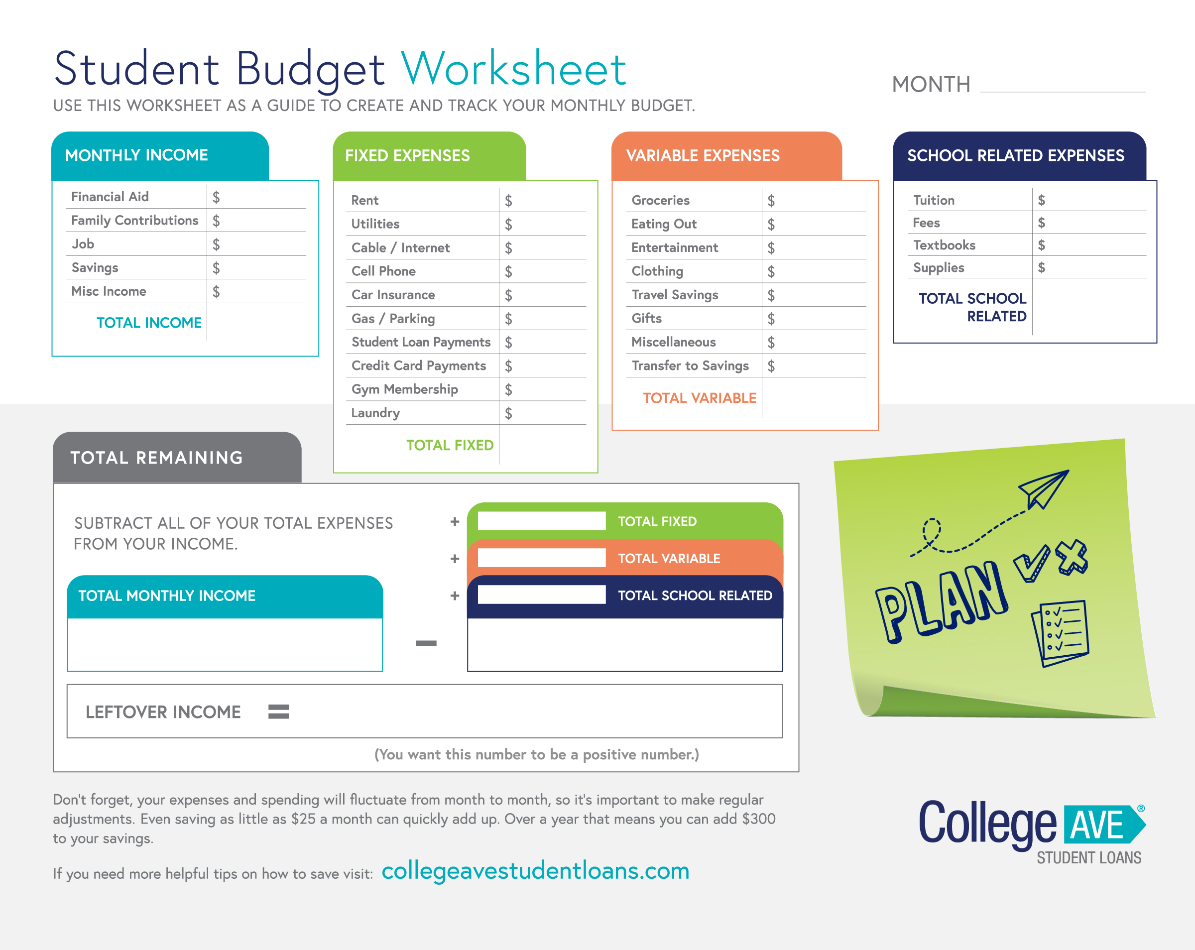 Student Budget Worksheet College Ave